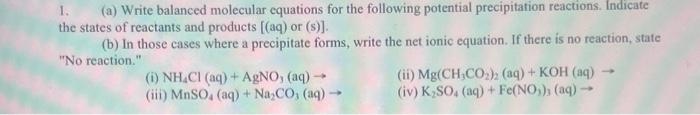 Solved 1. (a) Write balanced molecular equations for the | Chegg.com