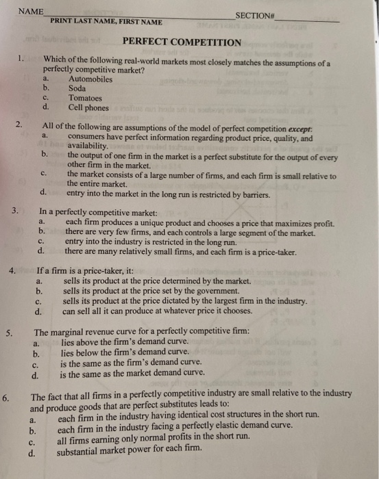 Solved NAME SECTION PRINT LAST NAME, FIRST NAME 1. a. C. 2. | Chegg.com