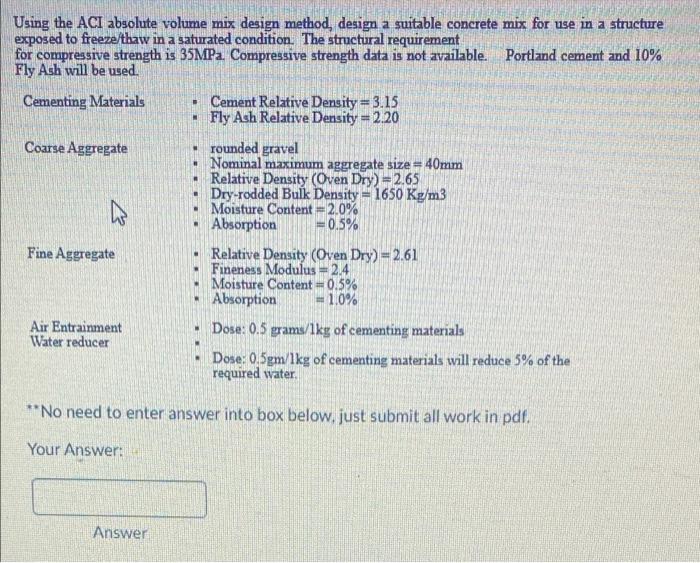 Solved Using the ACI absolute volume mix design method, | Chegg.com