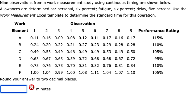 Solved Nine observations from a work measurement study using | Chegg.com