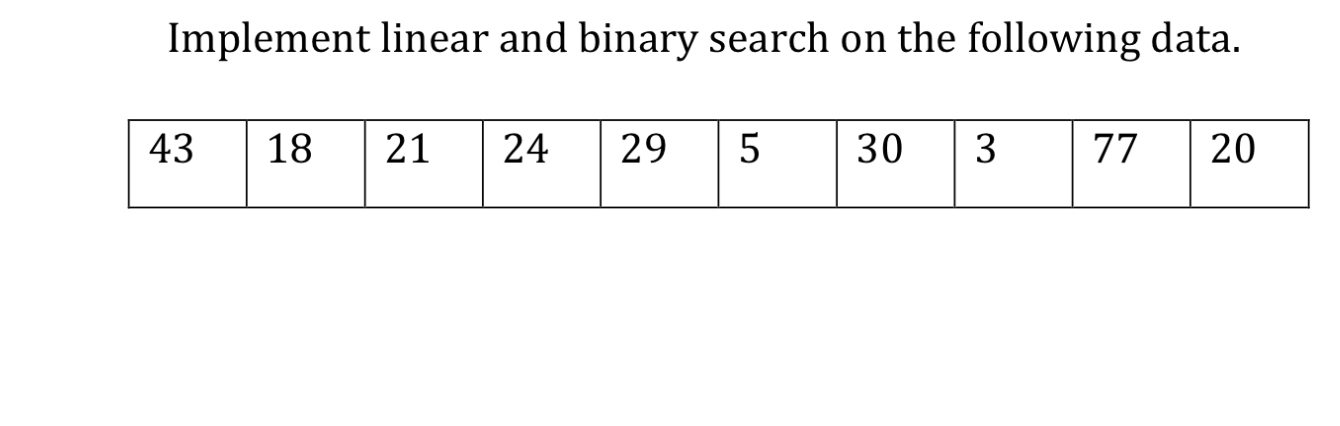 Solved Implement linear and binary search on the Fllowing | Chegg.com