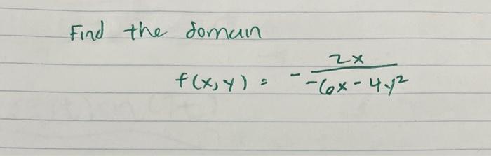 Solved Find the domain f(x,y)=−−6x−4y22x | Chegg.com