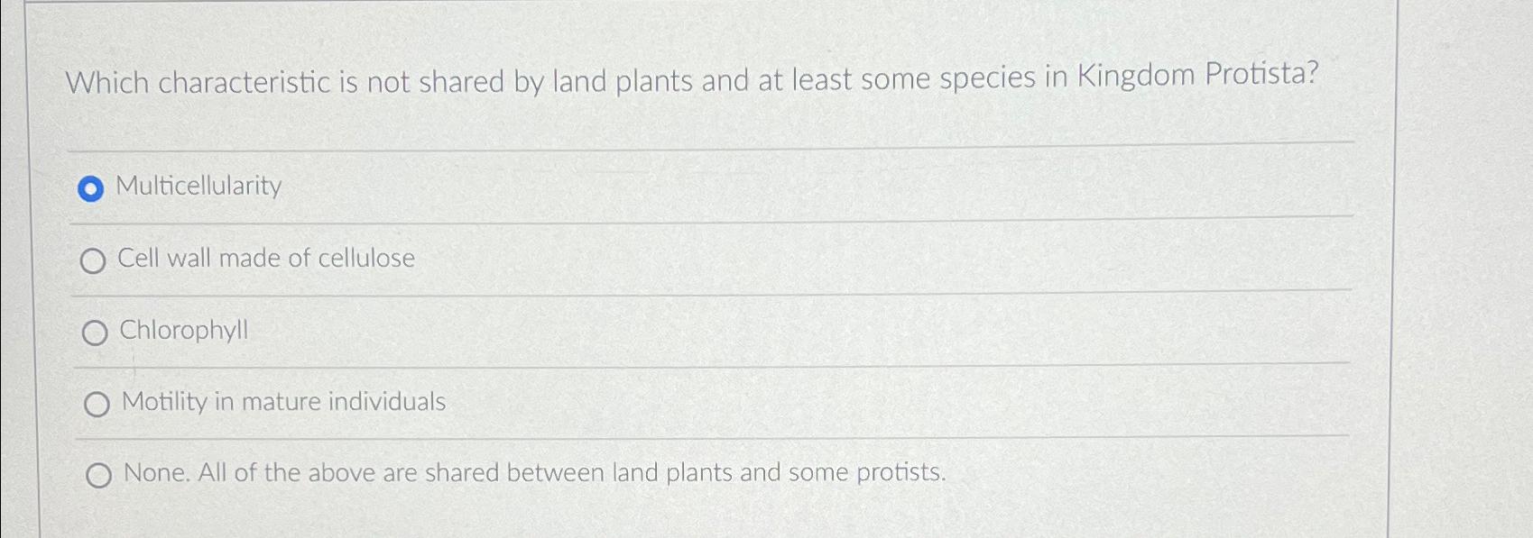 Solved Which characteristic is not shared by land plants and | Chegg.com
