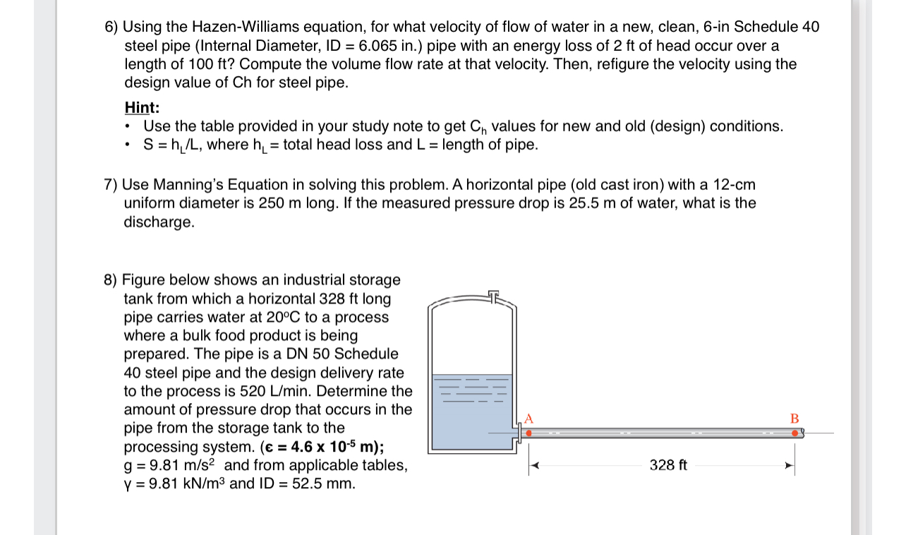 Solved Using the Hazen-Williams equation, for what velocity | Chegg.com