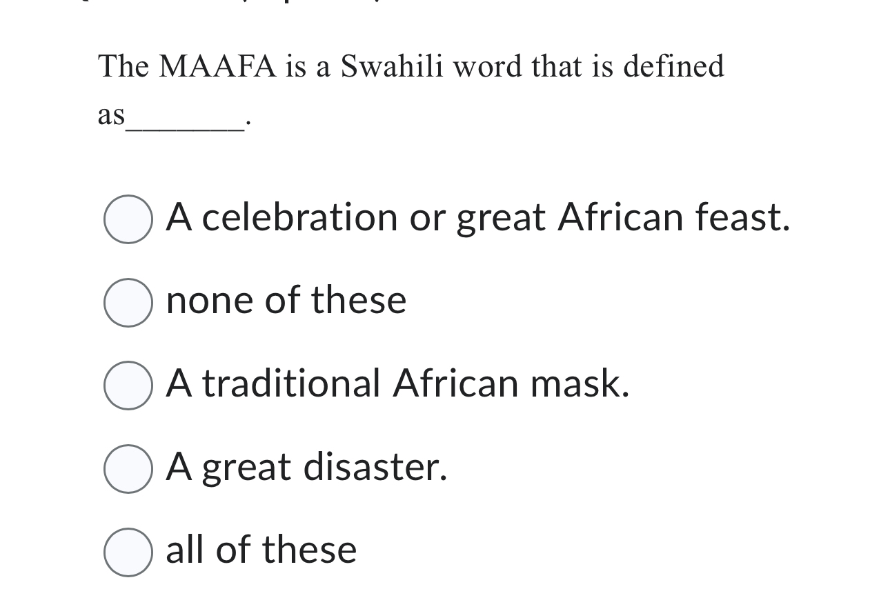 Solved The MAAFA is a Swahili word that is defined asA | Chegg.com