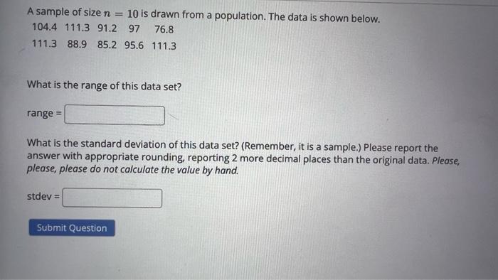 Solved A sample of size n=10 is drawn from a population. The | Chegg.com