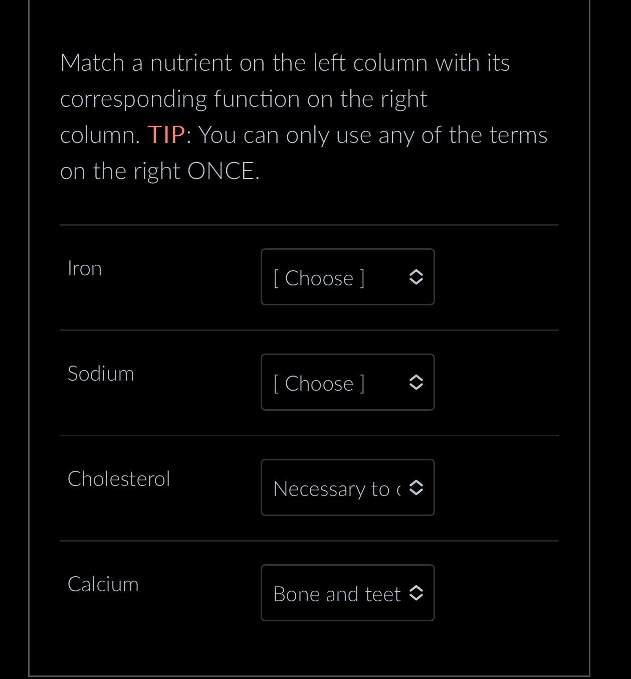 Solved Match a nutrient on the left column with its | Chegg.com