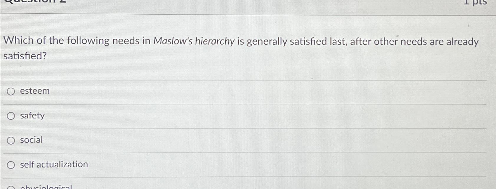 Solved Which of the following needs in Maslow's hierarchy is | Chegg.com