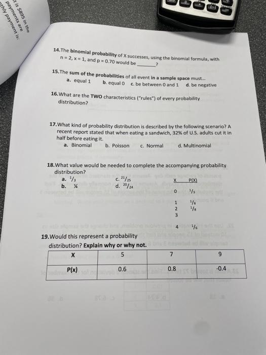 Solved 14. The binomial probability of X successes, using | Chegg.com