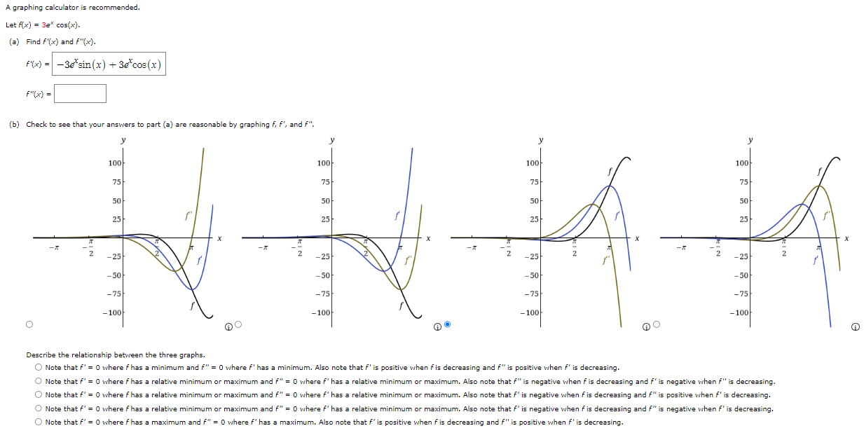 Solved Let f(x)=3e^(x)cos(x) . (a) ﻿Find f^('')(x) .A | Chegg.com