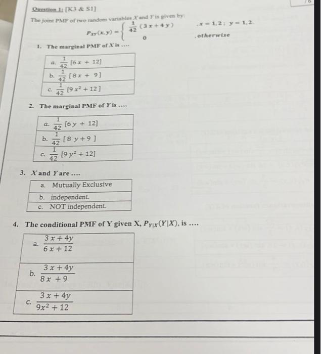 Solved 1. The marginal PMF of x is .... a. 421[6x+12] b. | Chegg.com