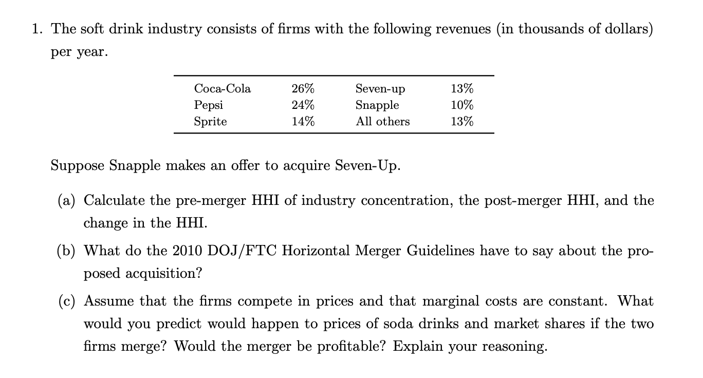 Solved 1. ﻿The soft drink industry consists of firms with | Chegg.com