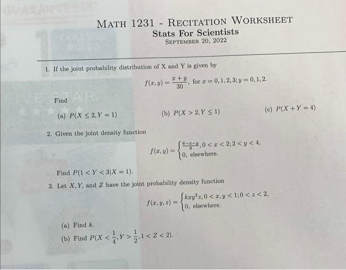 Solved MATH 1231 - Recitation WORKSHEET Stats For Scientists | Chegg.com