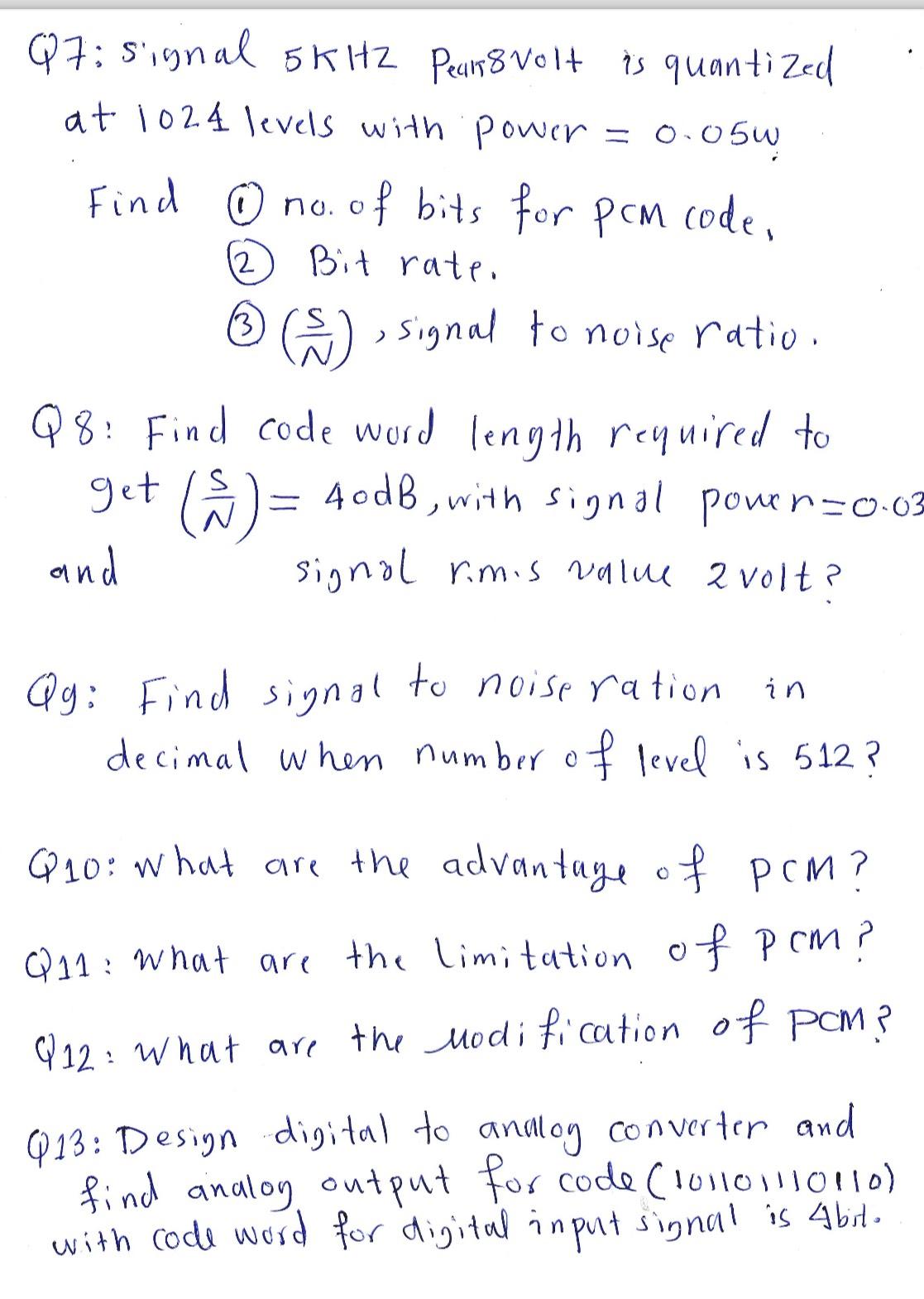 Q7: signal 5KHz pear8volt is quantized at 1024 | Chegg.com
