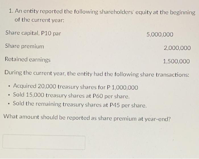Solved 1. An entity reported the following shareholders' | Chegg.com