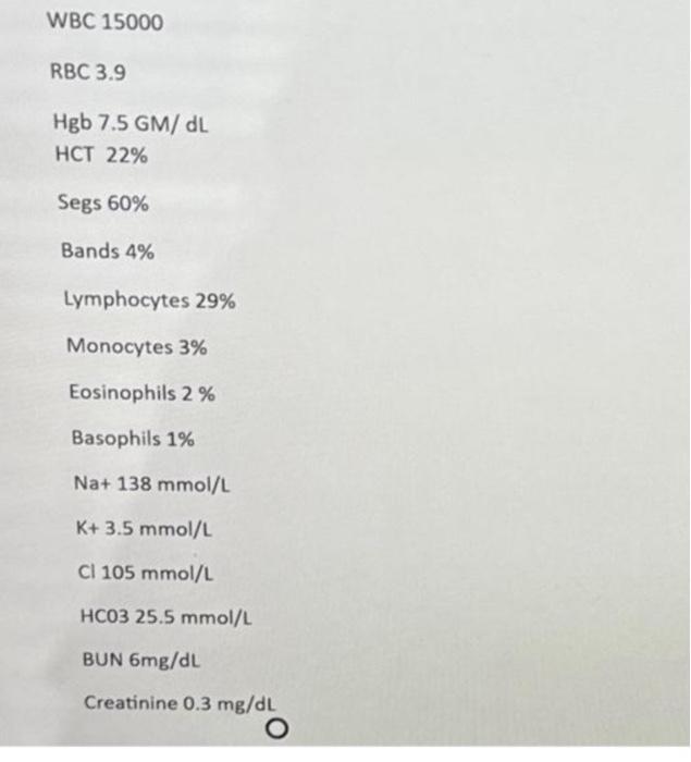 Solved WBC 15000 RBC 3.9 Hgb7.5GM/dL HCT 22% Segs 60% Bands | Chegg.com
