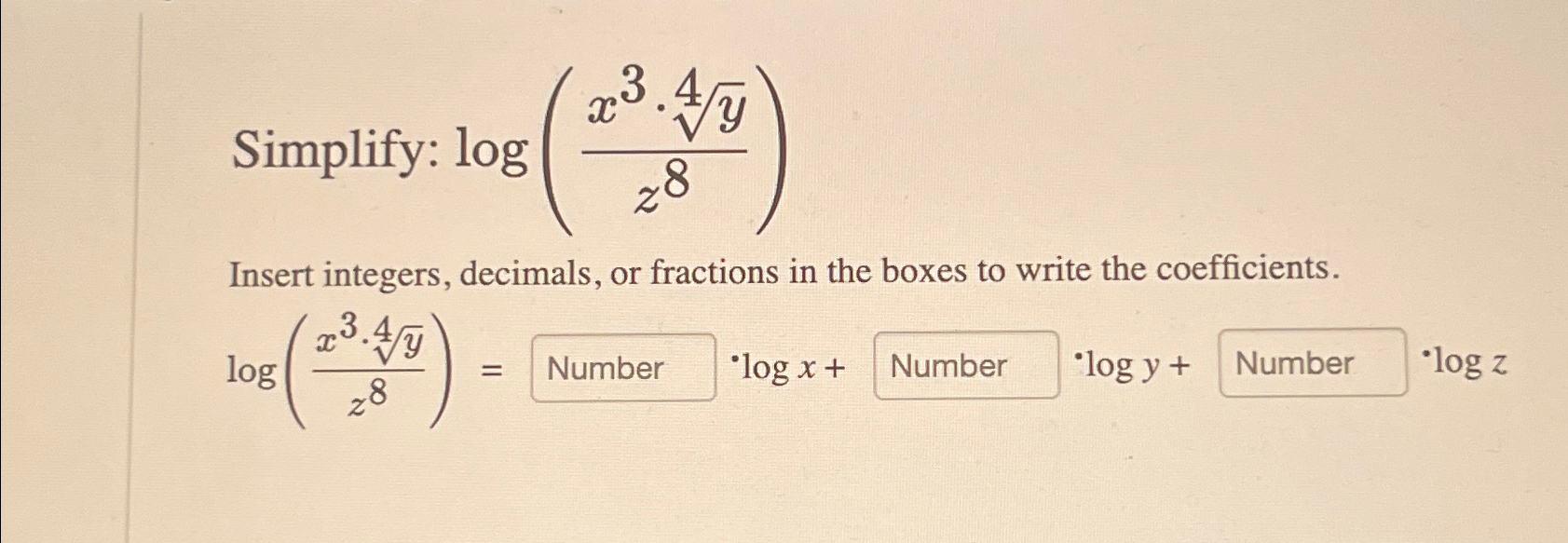 Solved Simplify: log(x3*y4z8)Insert integers, decimals, or | Chegg.com