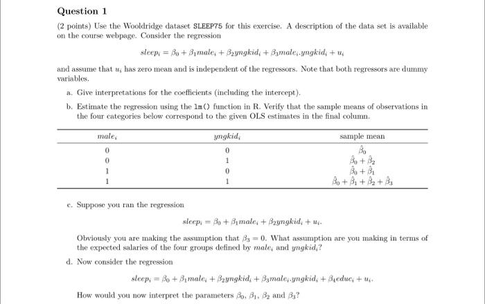 (2 points) Use the Wooldridge dataset SLEEP75 for | Chegg.com