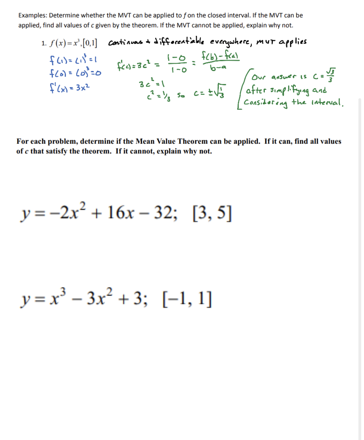 Solved Examples: Determine whether the MVT can be applied to | Chegg.com