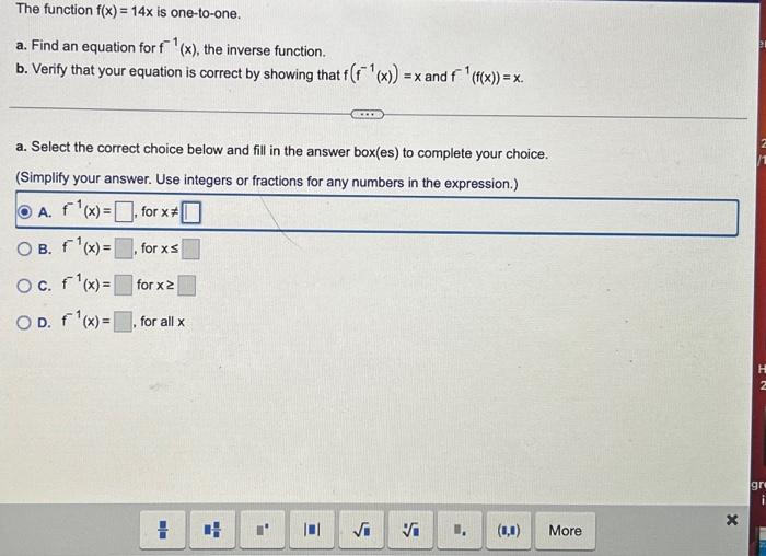 Solved The function f(x)=14x is one-to-one. a. Find an | Chegg.com