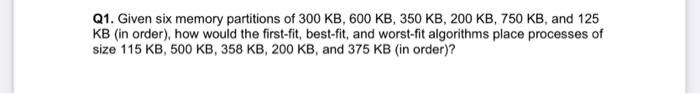Solved Q1. Given six memory partitions of 300 KB, 600 KB, | Chegg.com