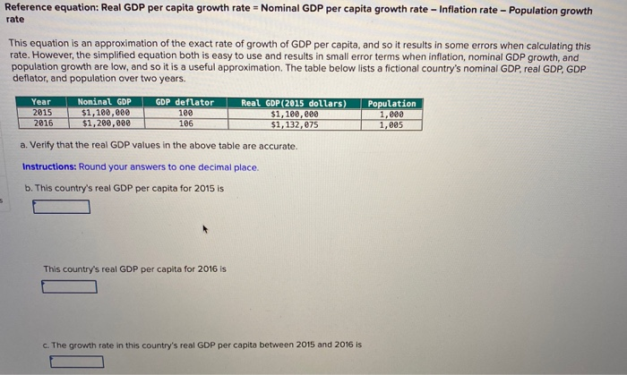 Solved Reference equation: Real GDP per capita growth rate = | Chegg.com
