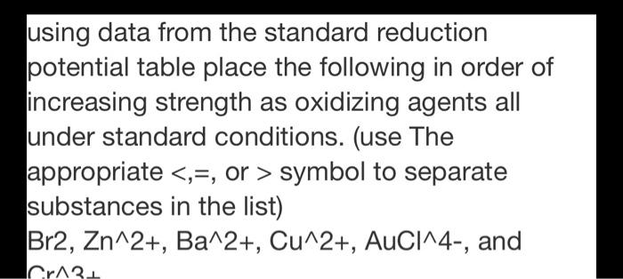 Solved using data from the standard reduction potential | Chegg.com