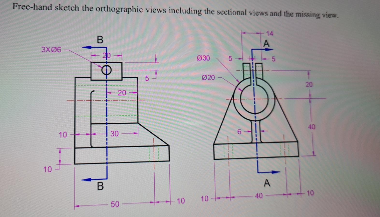 Solved Free-hand sketch the orthographic views including the | Chegg.com