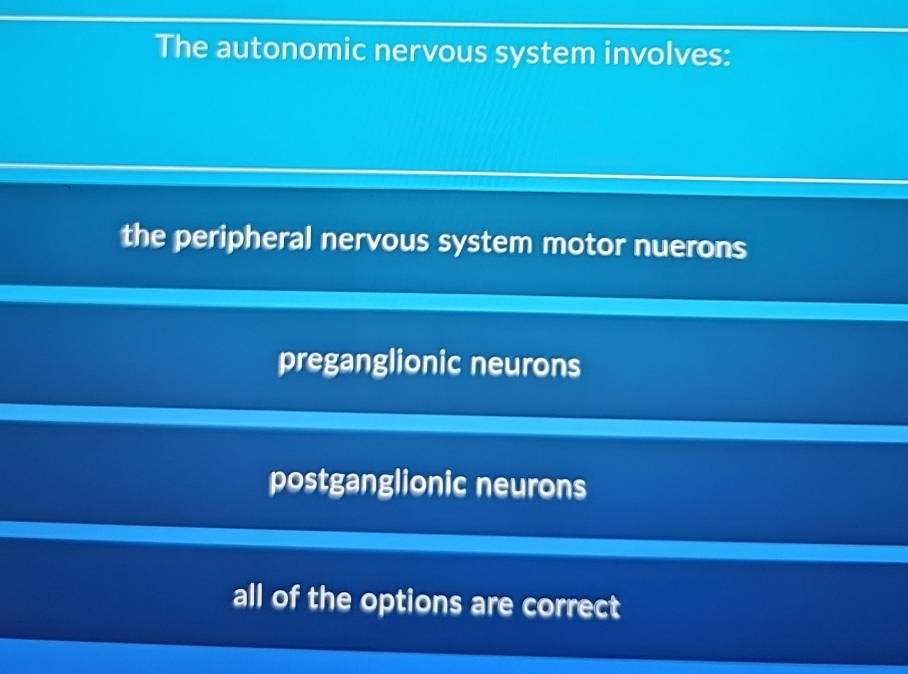 Solved The autonomic nervous system involves:the peripheral | Chegg.com