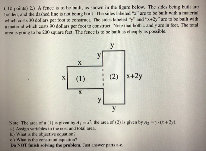 Solved ( 10 points) 2.) A fence is to be built, as shown in | Chegg.com