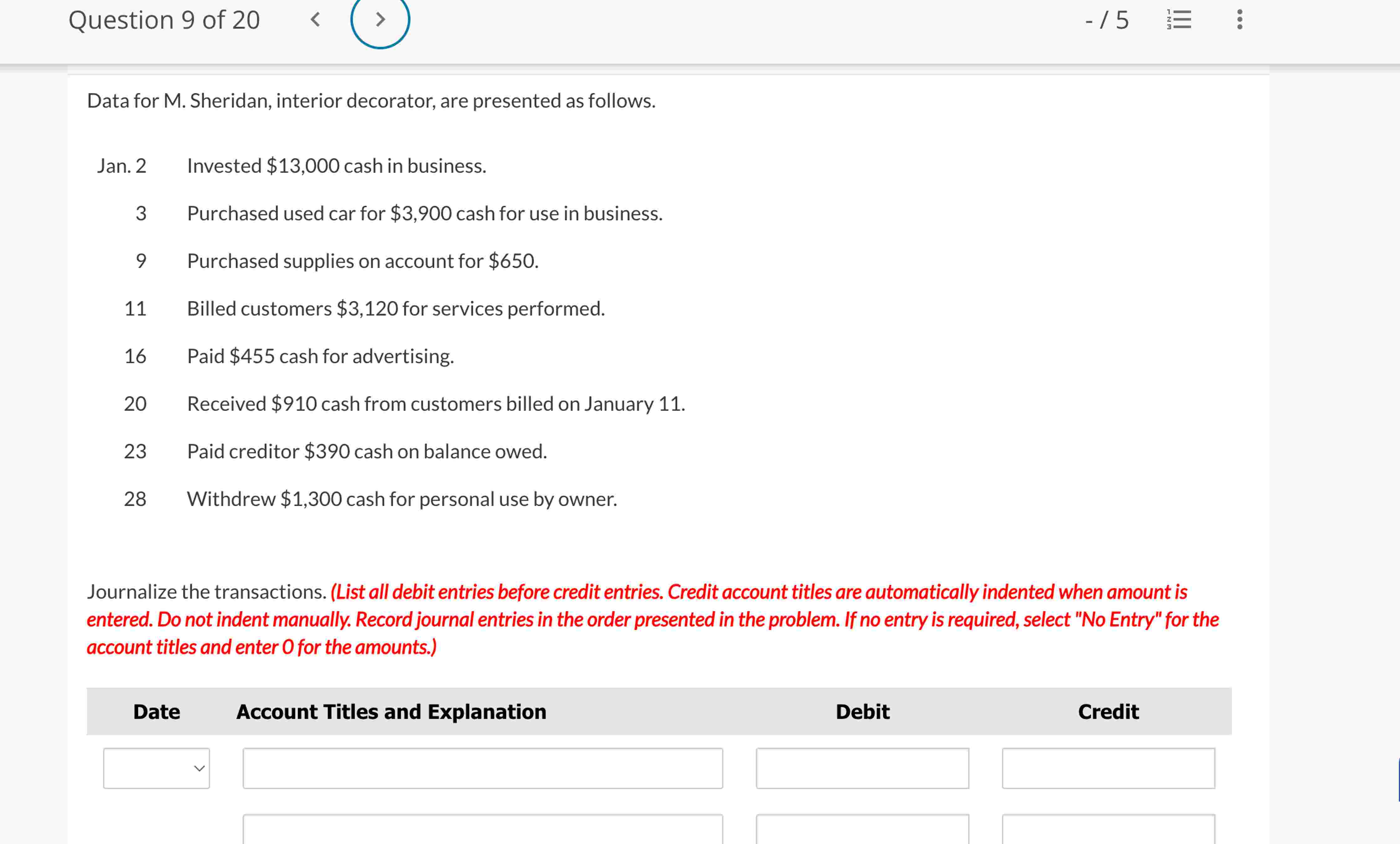 Solved Data for M. ﻿Sheridan, interior decorator, are | Chegg.com