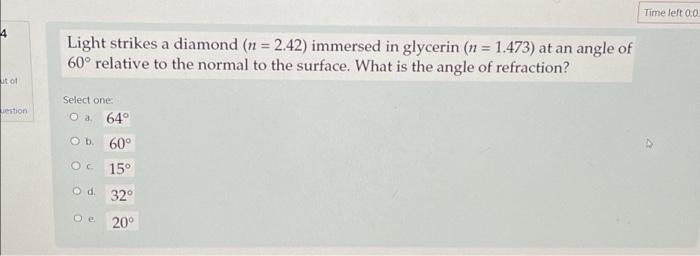 Solved Light strikes a diamond (n=2.42) immersed in glycerin | Chegg.com