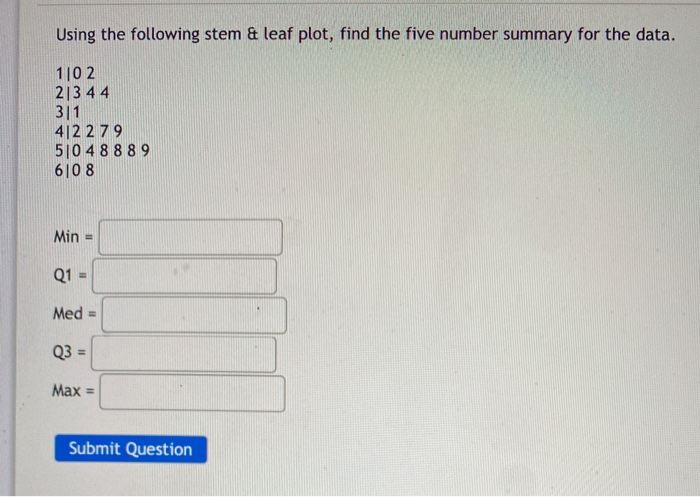 Solved Using the following stem & leaf plot, find the five | Chegg.com