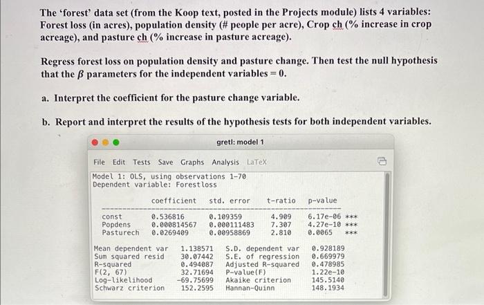 Solved The 'forest' data set (from the Koop text, posted in | Chegg.com
