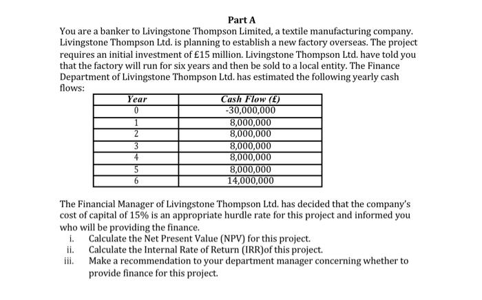 Solved Part A You are a banker to Livingstone Thompson | Chegg.com