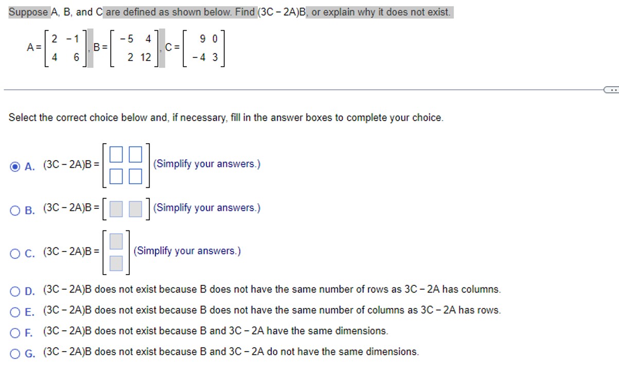 Solved Suppose A,B, ﻿and C ﻿are defined as shown below. Find | Chegg.com