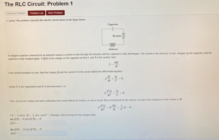 Solved The RLC Circuit: Problem 1 Previous Problem Problem | Chegg.com