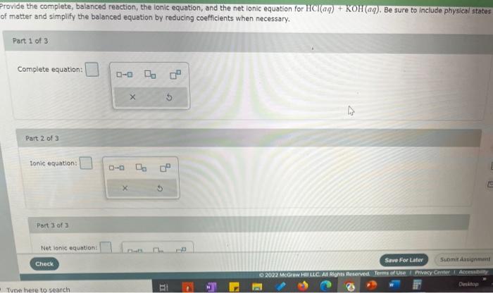 Solved rovide the complete, balanced reaction, the lonic | Chegg.com