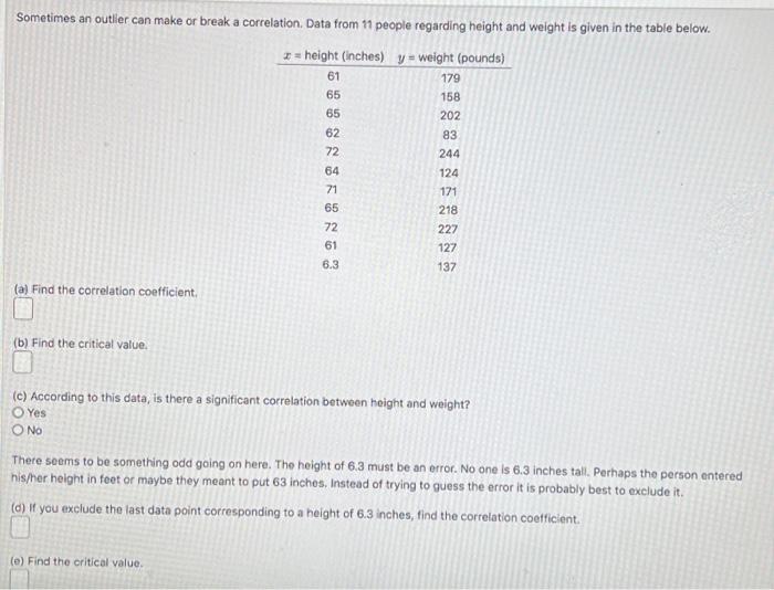 Sometimes an outller can make or break a correlation. | Chegg.com