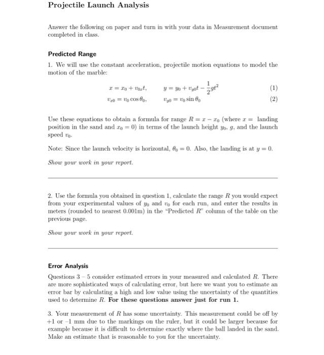 Solved Projectile Launch Analysis Answer the following on | Chegg.com