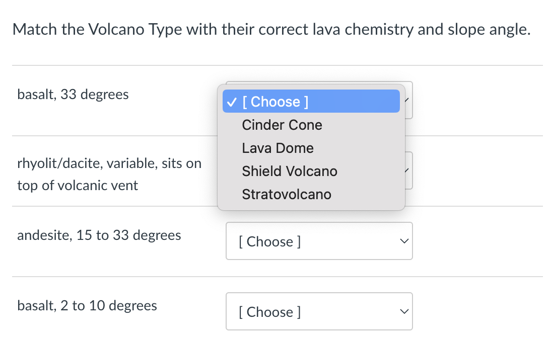 Solved Match the Volcano Type with their correct lava | Chegg.com