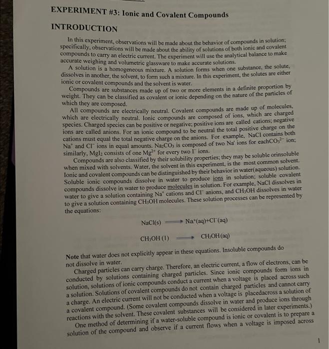 Solved EXPERIMENT #3: Ionic and Covalent Compounds | Chegg.com