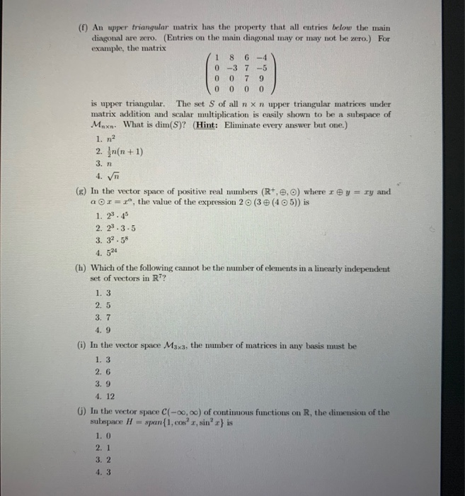 Solved (1) An upper triangular matrix has the property that | Chegg.com