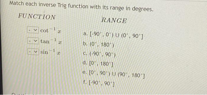 Solved Match each inverse Trig function with its range in | Chegg.com