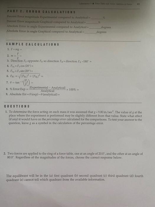 Solved LA B ORATORY REPORTPART 1. ERROA CALCULATIONS Percent | Chegg.com
