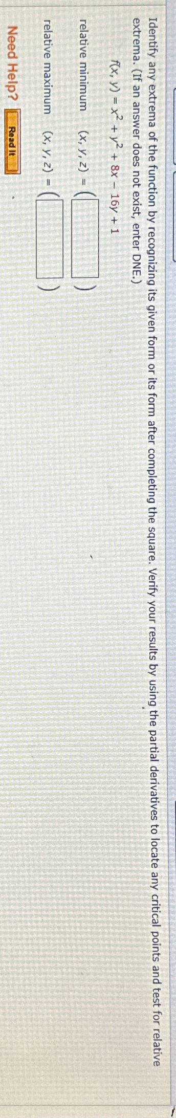 Solved Identify any extrema of the function by recognizing | Chegg.com