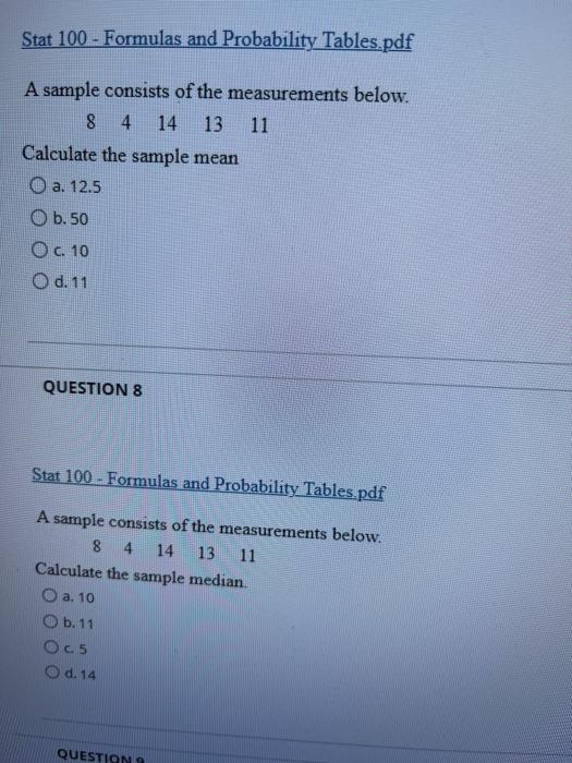 Solved Stat 100 - Formulas and Probability Tables.pdf 14 A | Chegg.com