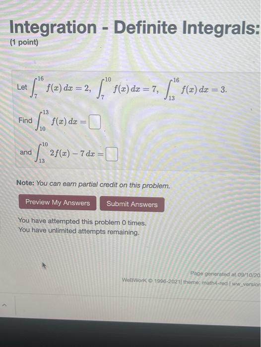 Solved Integration - Definite Integrals: (1 point) Let $,= * | Chegg.com