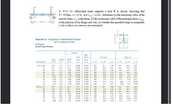 Solved A W10 ×39 rolled-steel beam supports a load P as | Chegg.com