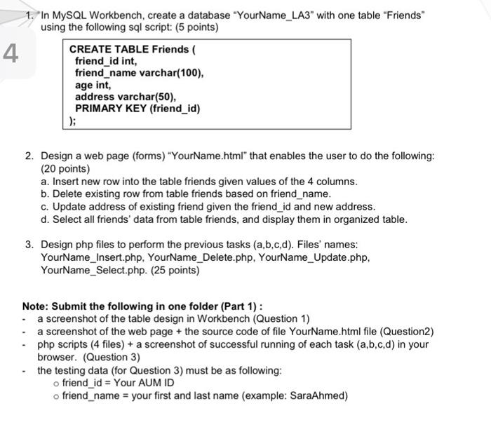 Solved 4 1. "In MySQL Workbench, create a database "Your | Chegg.com